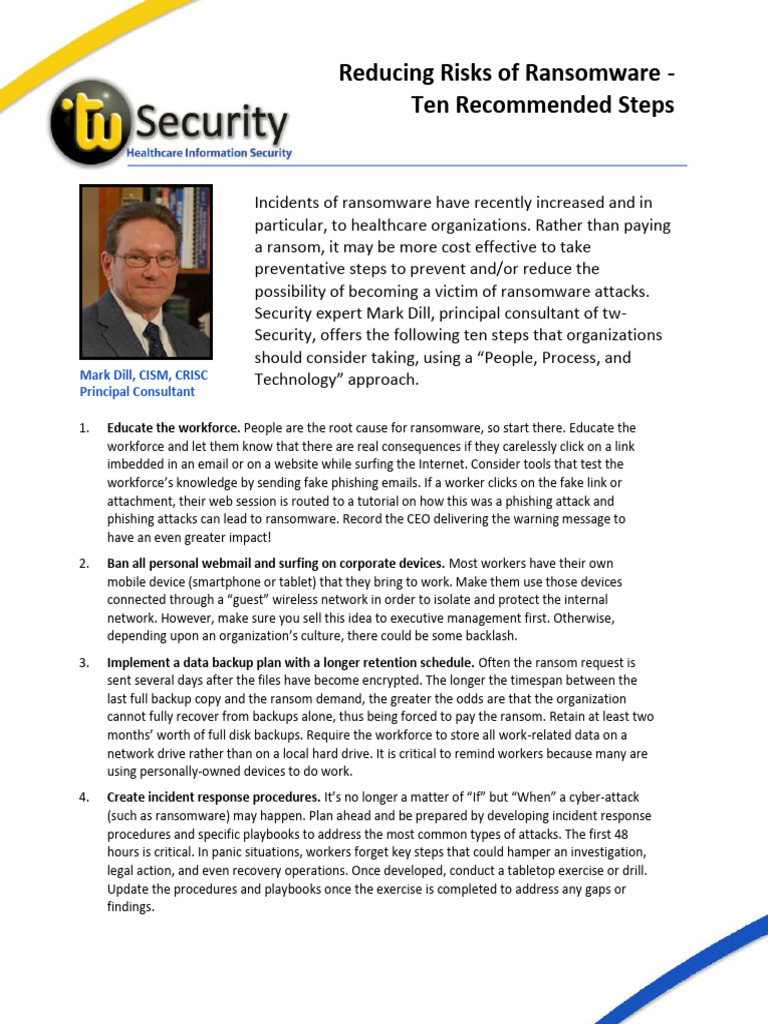 Tw Security Reducing Risks Of Ransomware Ten Steps Pdf Ransomware Malware