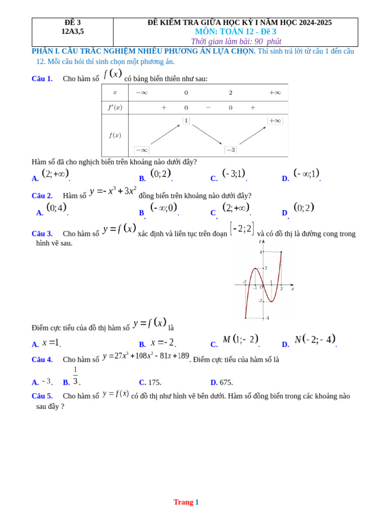 De 3 Giua HK1 Toan 12 CTST de 3 | PDF