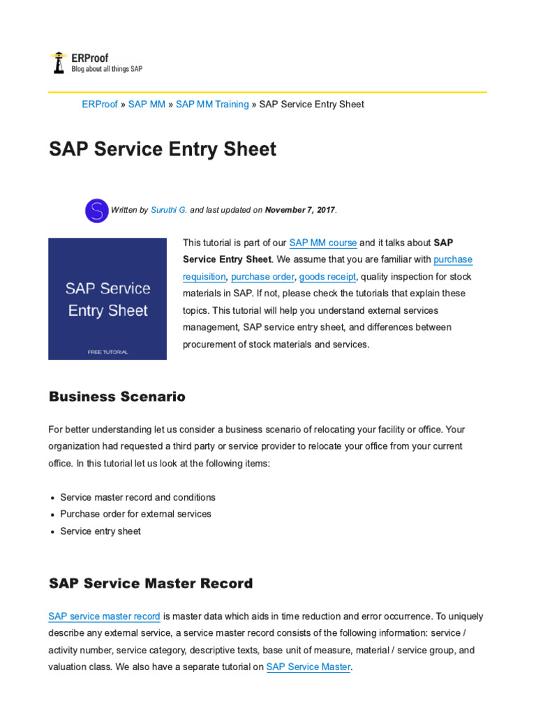 SAP Service Entry Sheet Tutorial - Free SAP MM Training | PDF