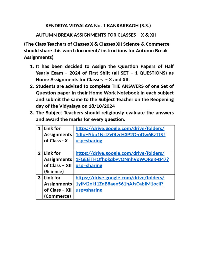 Autumn Assignments for Classes X & XII | PDF