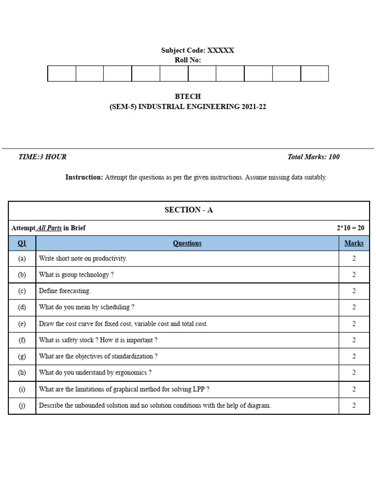Industrial Engineering Question Paper 21 22 | PDF | Business