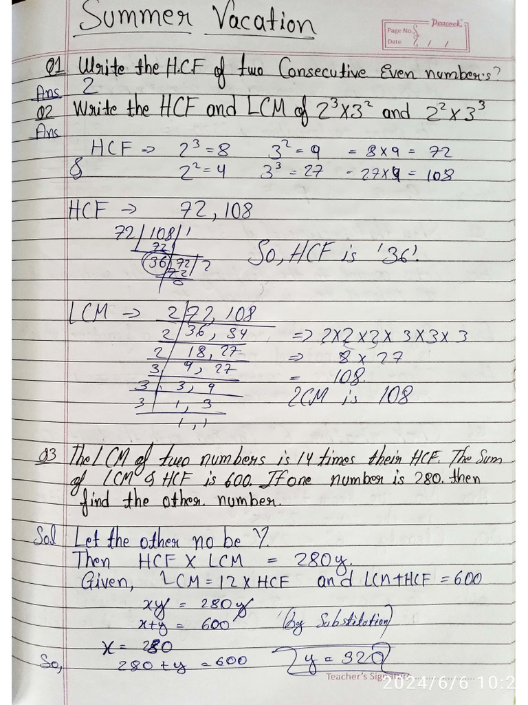 Summer Vacation Homework Maths | PDF