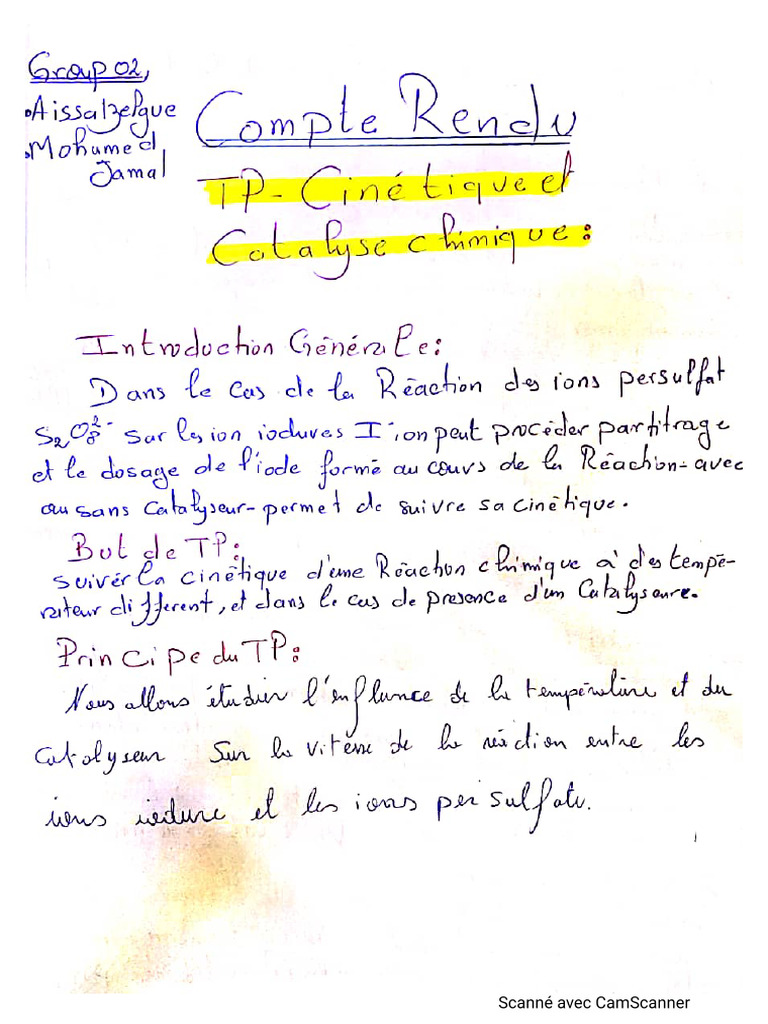 Compte Rendu Cinétique | PDF