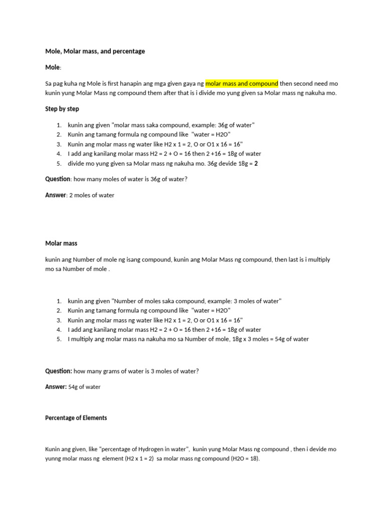 Mole Calculations and Molar Mass Guide | PDF