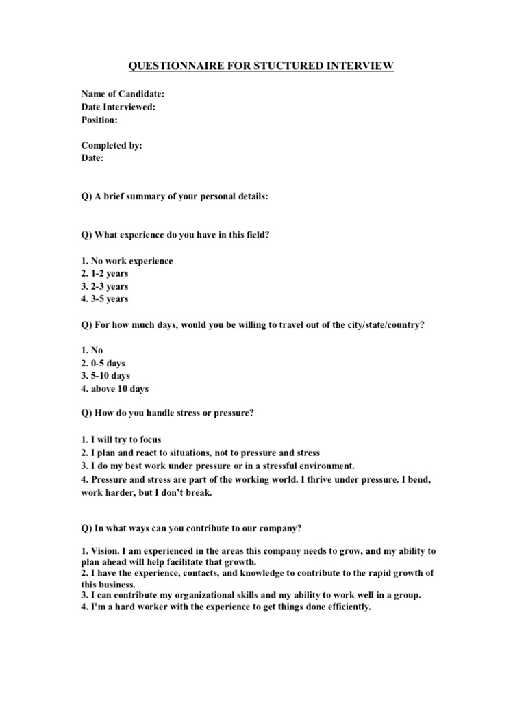 Questionnaire For Stuctured Interview | PDF | Self-Improvement