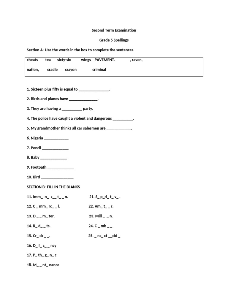 Second Term Exam Spellings | PDF