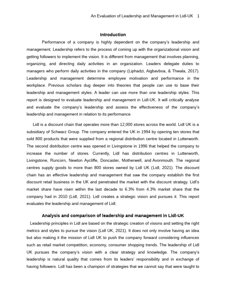 Lidl UK Leadership and Management Evaluation | PDF | Leadership ...