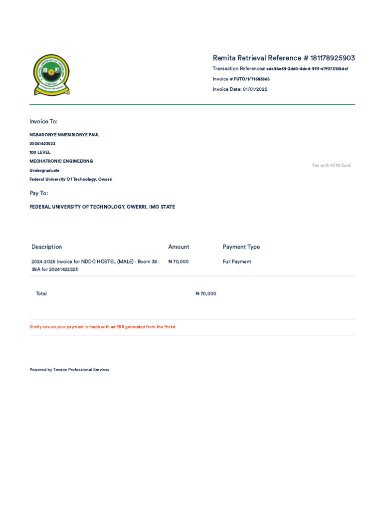 2024-2025 FUTO NDDC Hostel Invoice | PDF