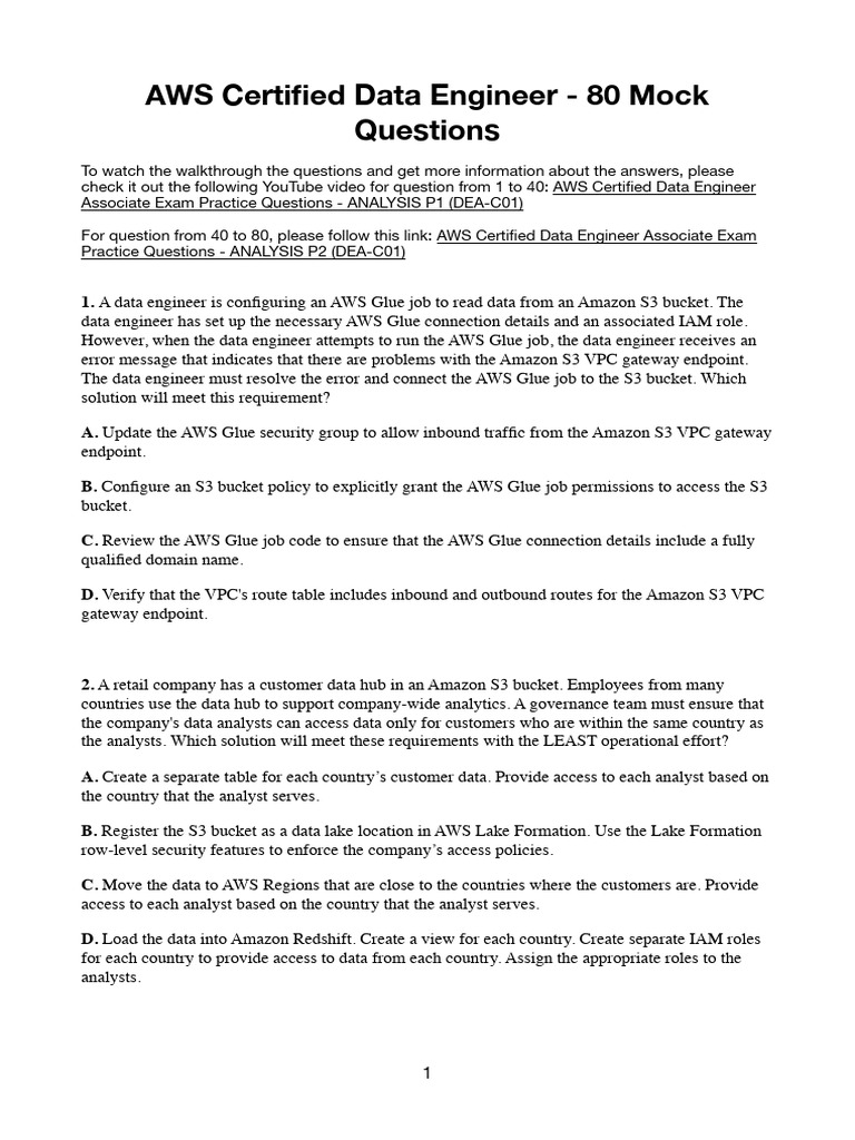 80 Mock Questions Aws Certified Data Engineer Associate Pdf