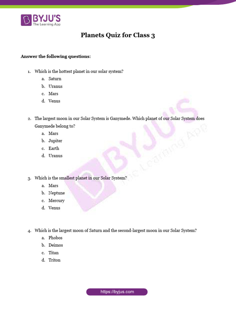Class 3 Solar System Quiz with Answers | PDF
