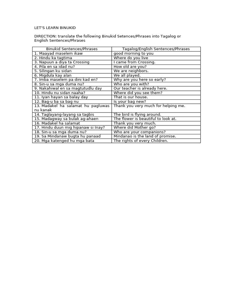 Lets Learn Binukid | PDF