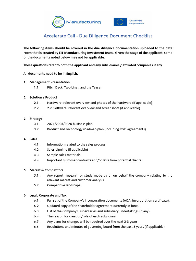 Checklist Accelerate Due Diligence | PDF | Intellectual Property ...