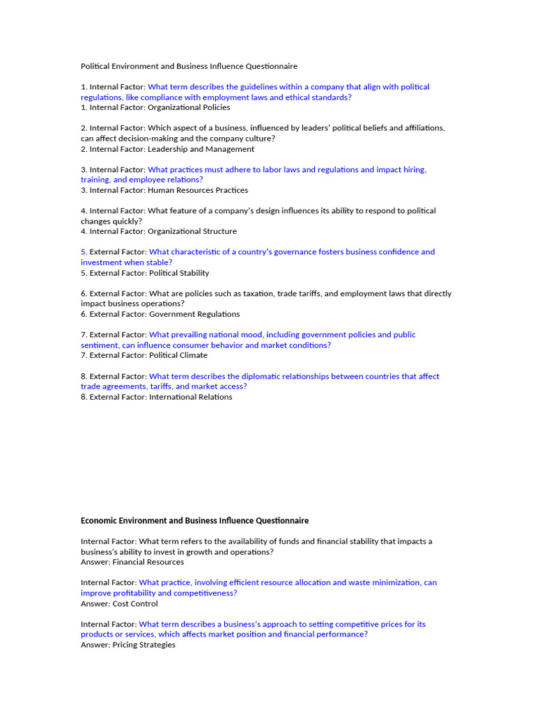 QUESTIONNAIRE - Political Environment and Business Influence | PDF ...
