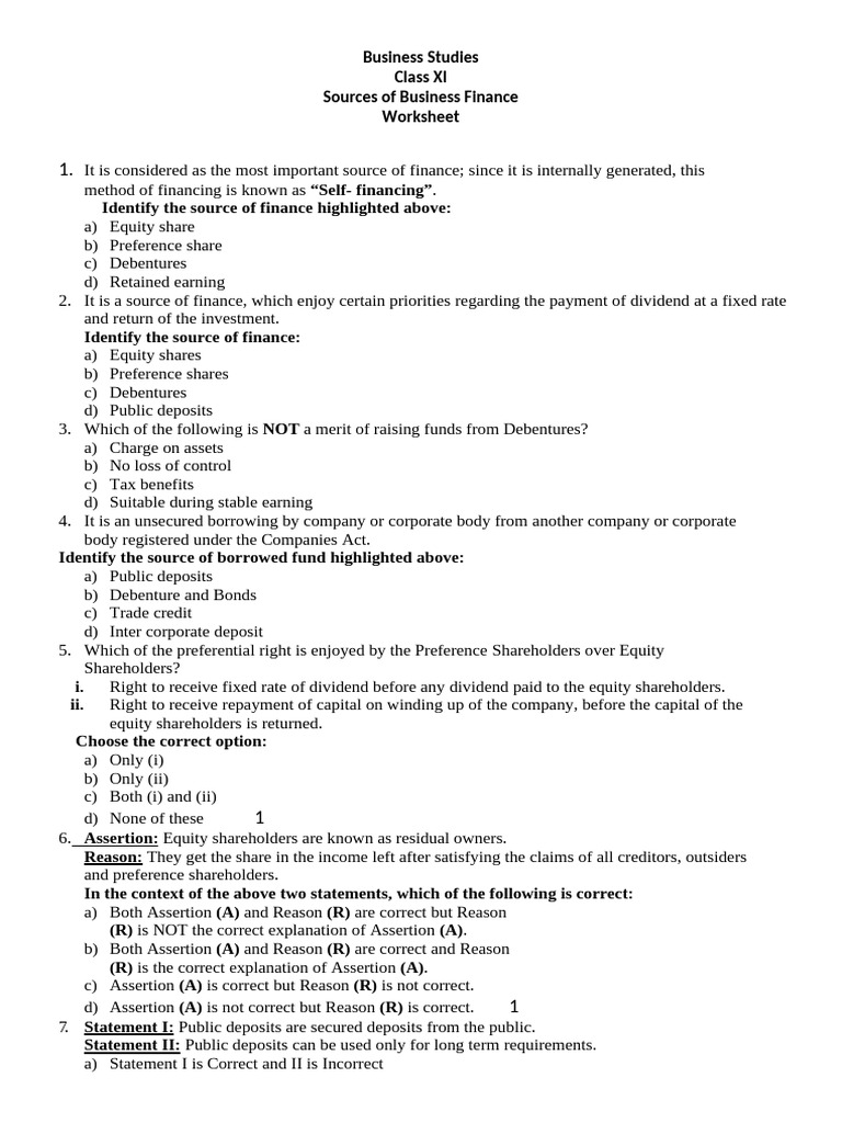 Business Finance Sources Worksheet for XI | PDF | Equity (Finance ...