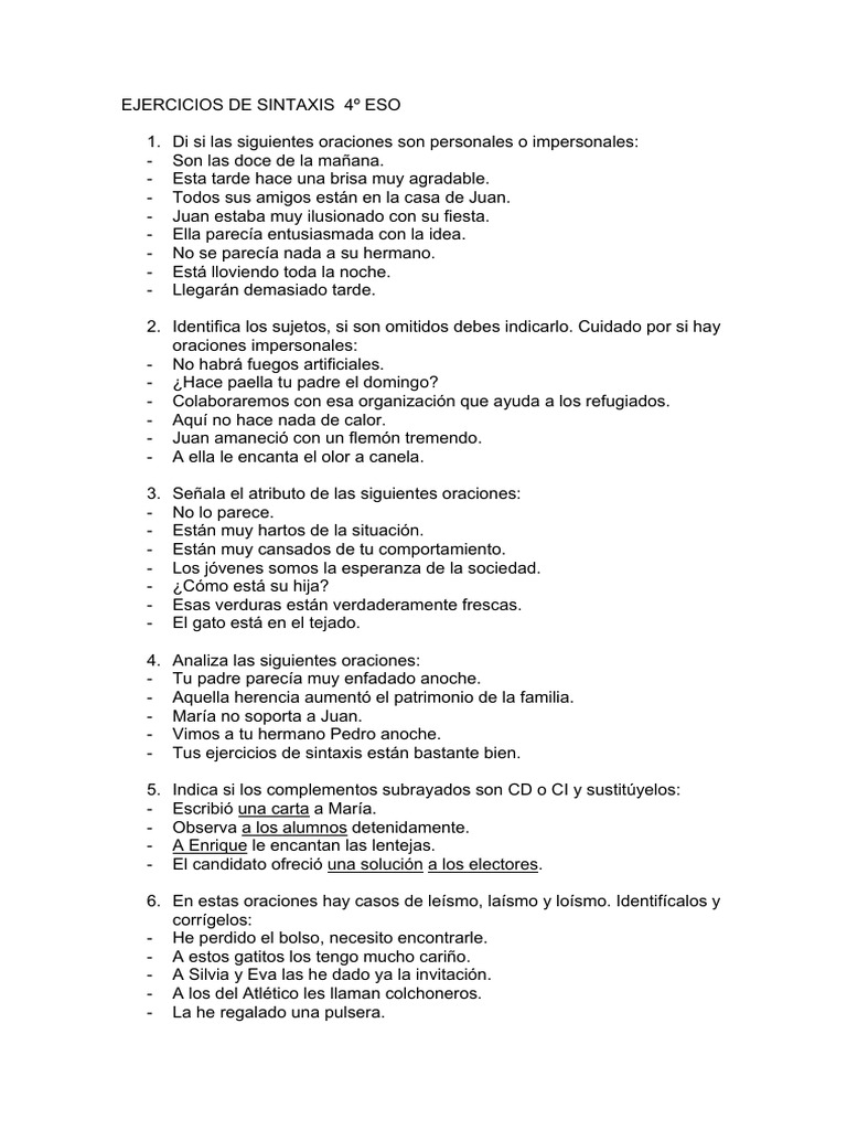 Ejercicios de Sintaxis 4º Eso | PDF