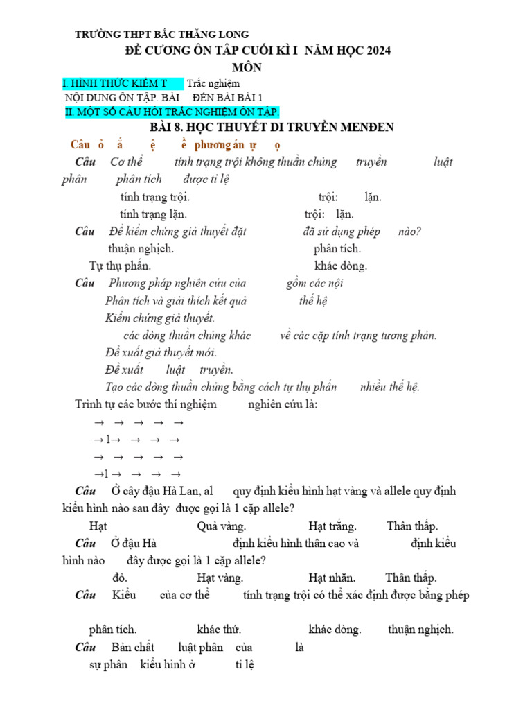 Đề Cương Hki Môn Sinh 12 2024-2025 | PDF