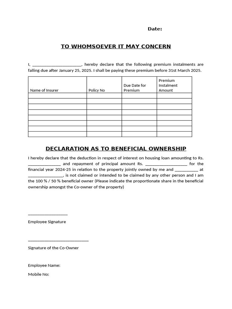 Premium Payment Declaration Form | PDF