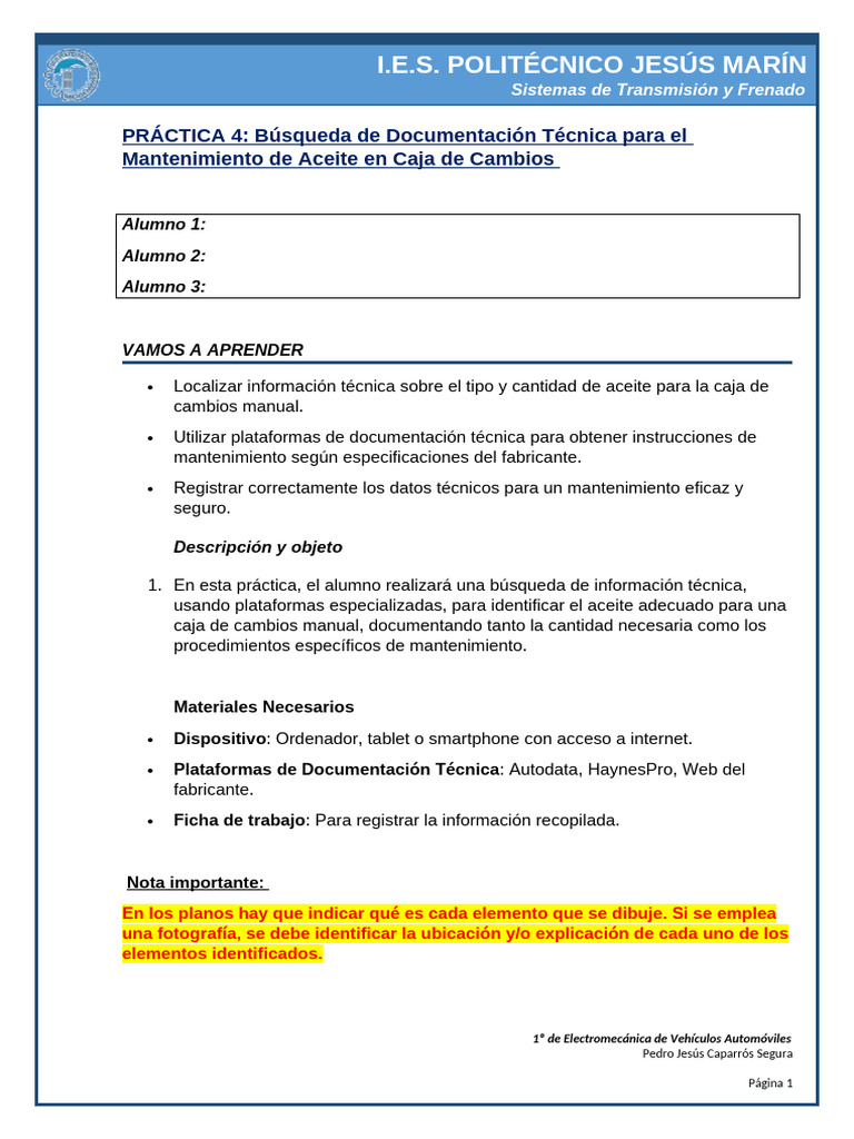 PRÁCTICA 4 Búsqueda de Documentación Técnica para El Mantenimiento de Aceite en Caja de Cambios ...