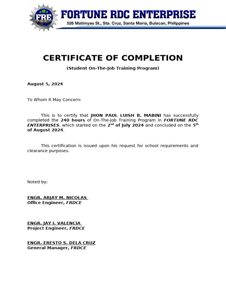 Ojt Certificates Pdf