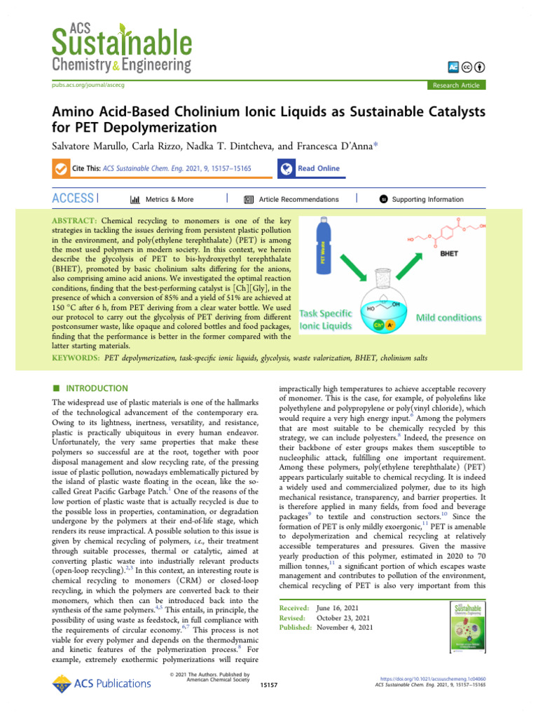 Marullo Et Al 2021 Amino Acid Based Cholinium Ionic Liquids As Sustainable Catalysts For Pet ...