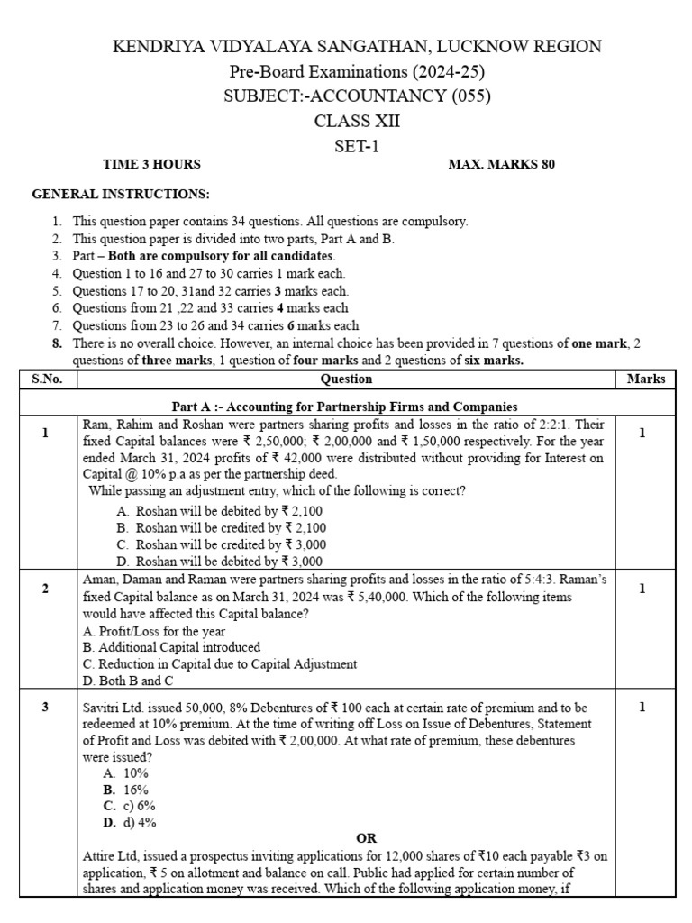 KVS Lucknow XII ACC QP & MS (1st PB) (24-25) SET-1 | PDF | Equity (Finance) | Balance Sheet