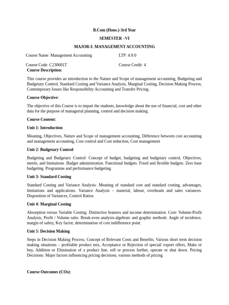 Syllabus | PDF | Cost Accounting | Management Accounting