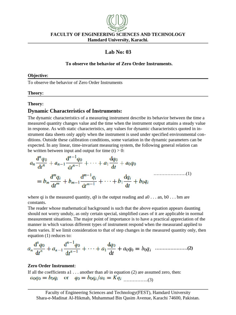 Zero Order Instruments Behavior Lab | PDF | Voltage | Equations