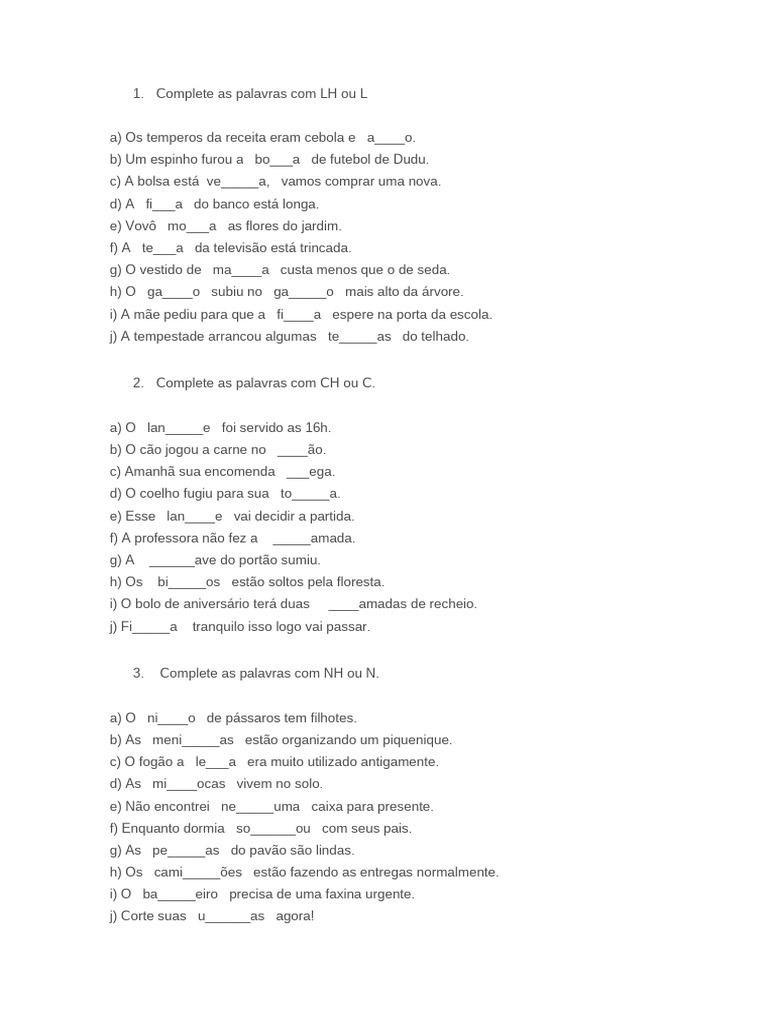 Complete As Palavras Com LH CH NH | PDF