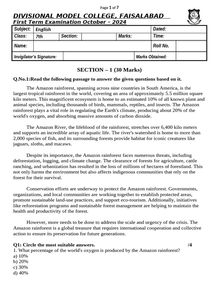 English Paper 7th (1st Term)(2)_065543 | PDF | Amazon Rainforest ...