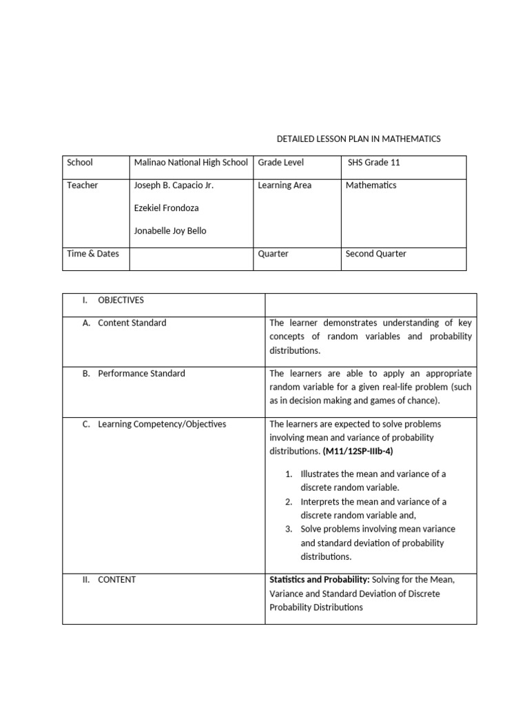 CAPACIO - DetailedLessonPlan in MATH 17 | PDF | Variance | Probability ...