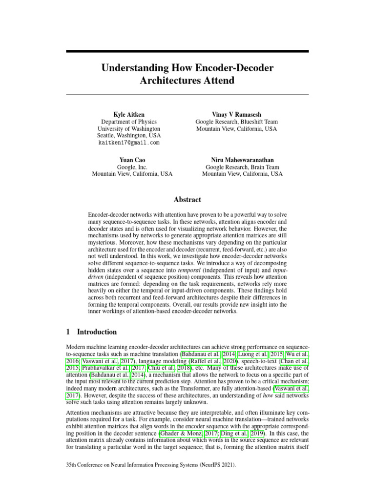 NeurIPS 2021 Understanding How Encoder Decoder Architectures Attend ...