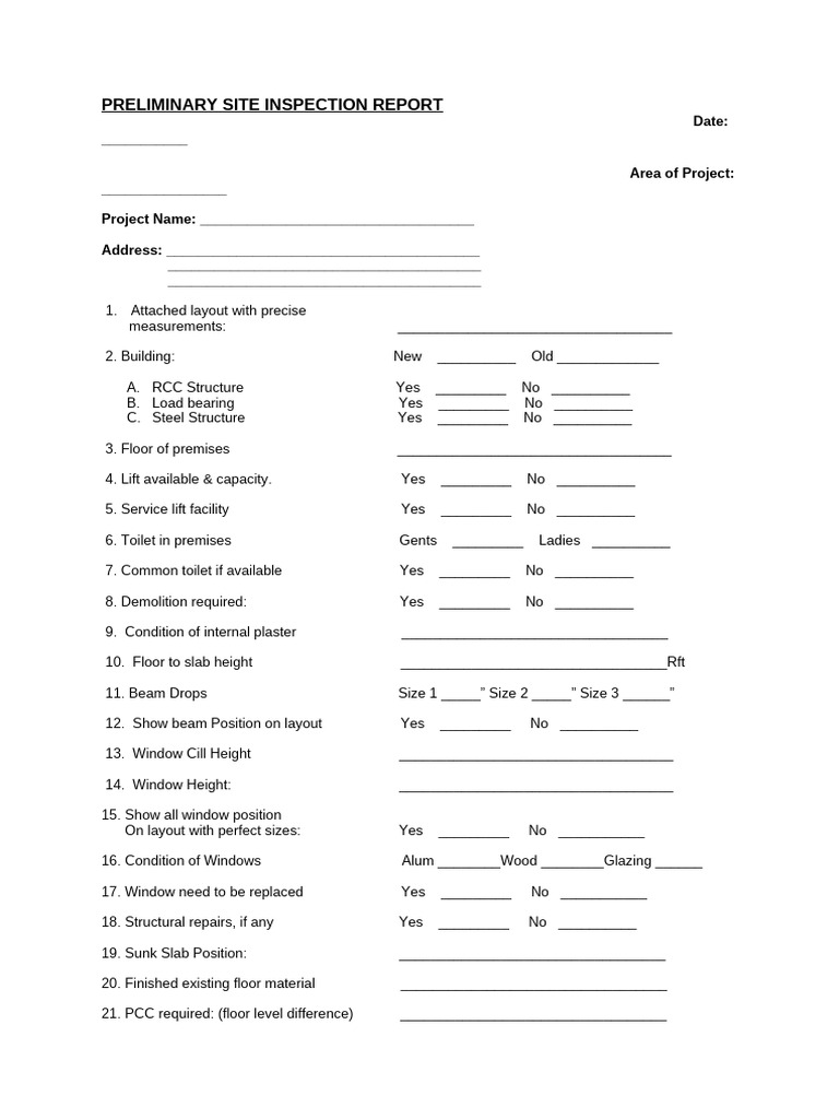 Site Inspection Checklist | PDF | Flooring | Building Engineering