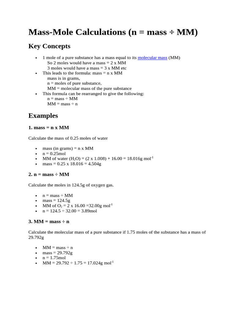 Mass-Mole and Molarity Calculations Guide | PDF | Mole (Unit) | Chemistry