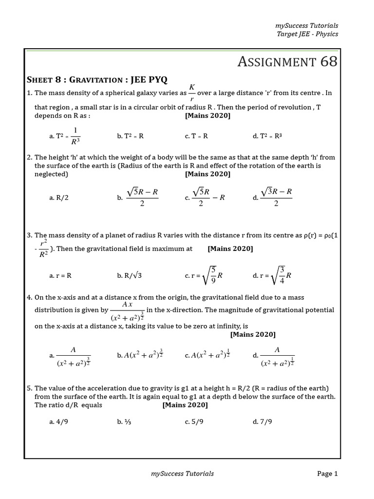 JEE Physics Assignment: Gravitation PYQs | PDF | Acceleration | Gravity
