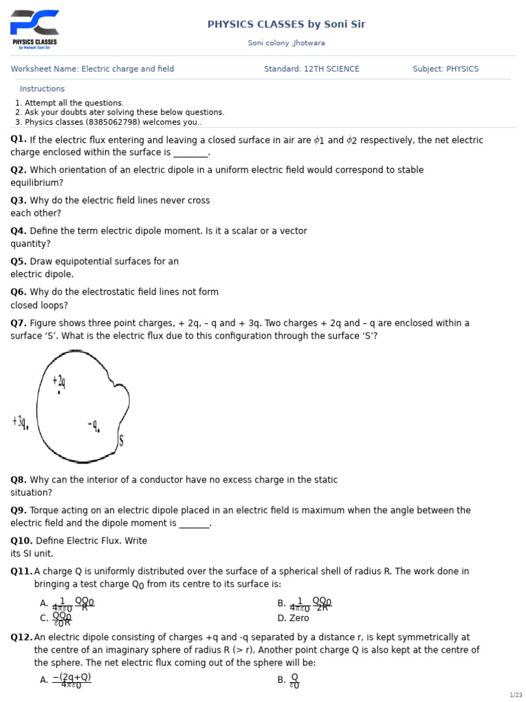 Electric Charge and Field Worksheet | PDF | Electric Field | Force