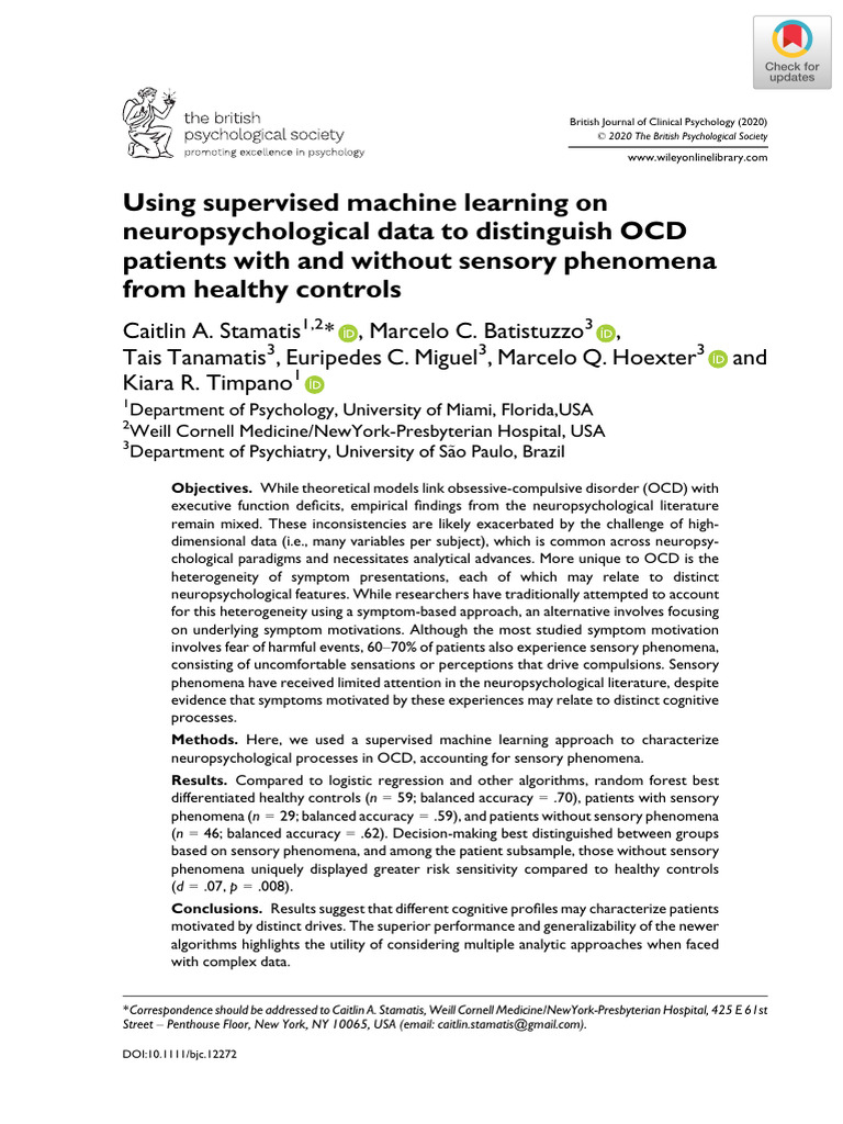Distinguishing OCD Patients by Sensory Phenomena | PDF | Support Vector ...