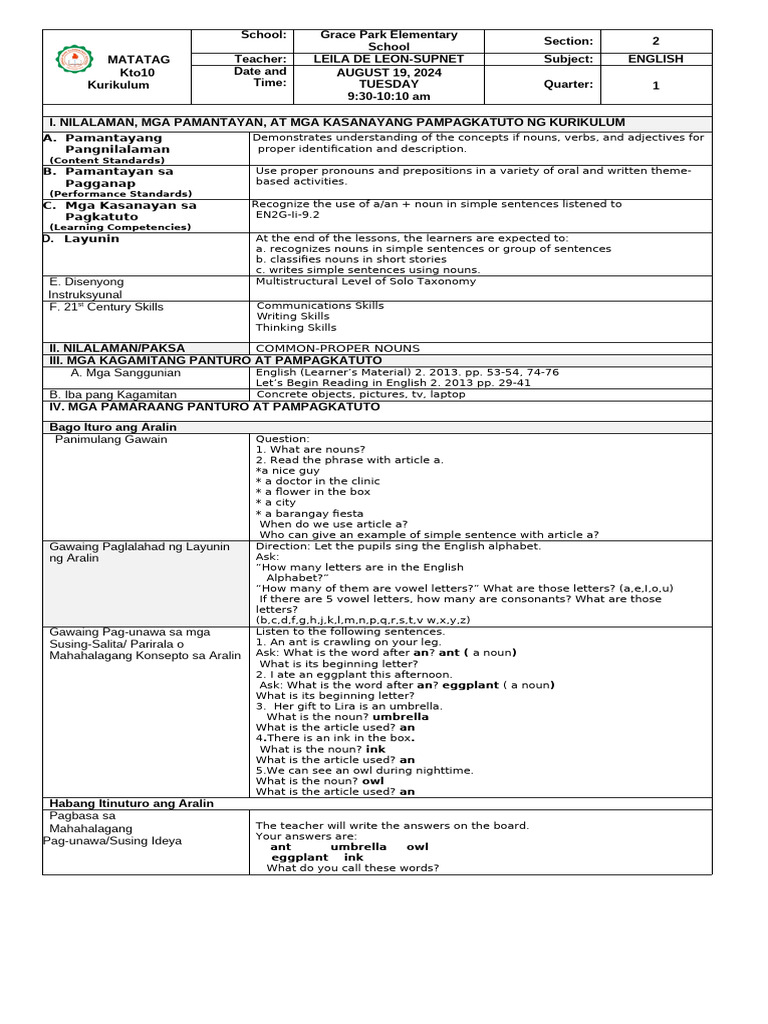 DLP English 2 Q1WK 4 Day 1 | PDF | English Language | Noun
