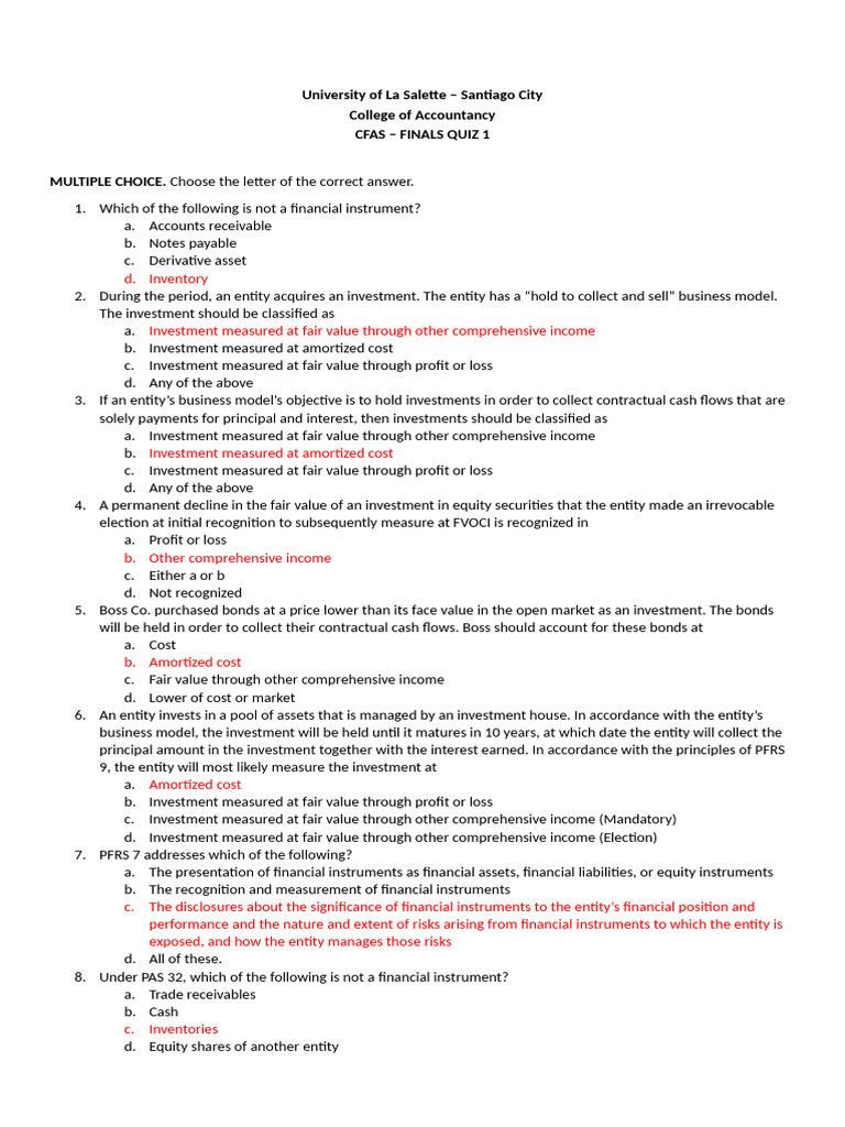 CFAS Finals Quiz 1 Answer | PDF | Historical Cost | Fair Value