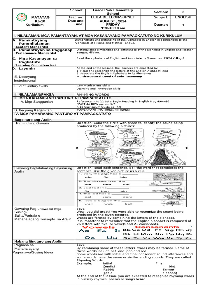 DLP English 2 Q1WK 2 Day 5 | PDF | Rhyme | English Language