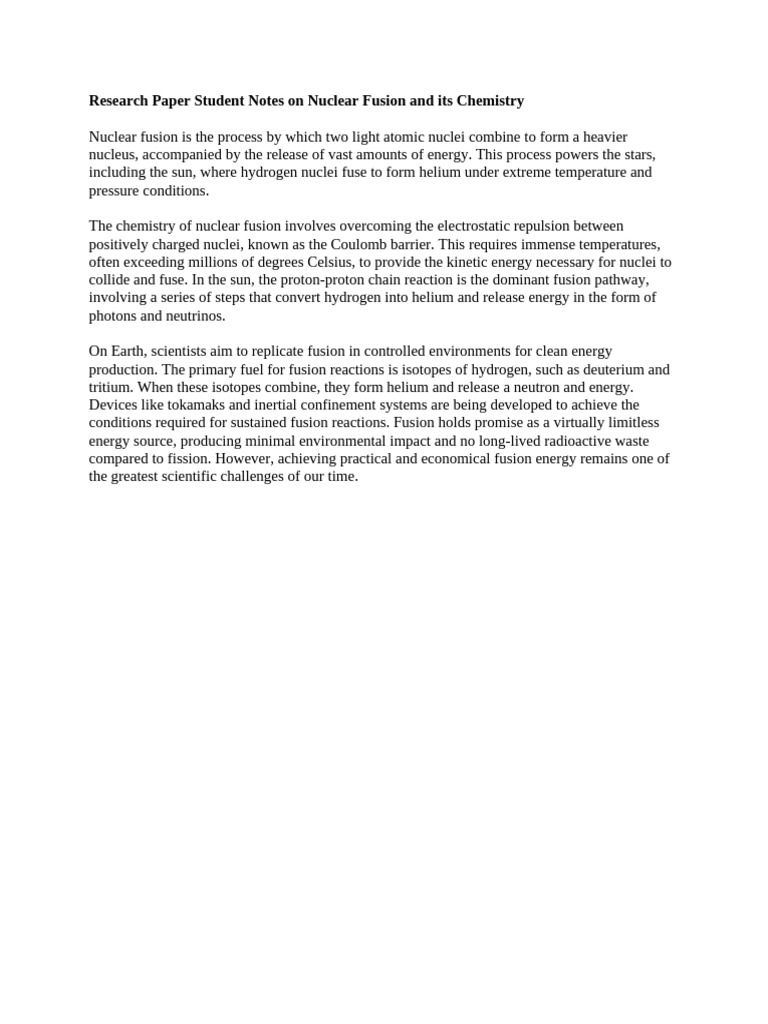 Research Paper Student Notes On Nuclear Fusion and Its Chemistry | PDF