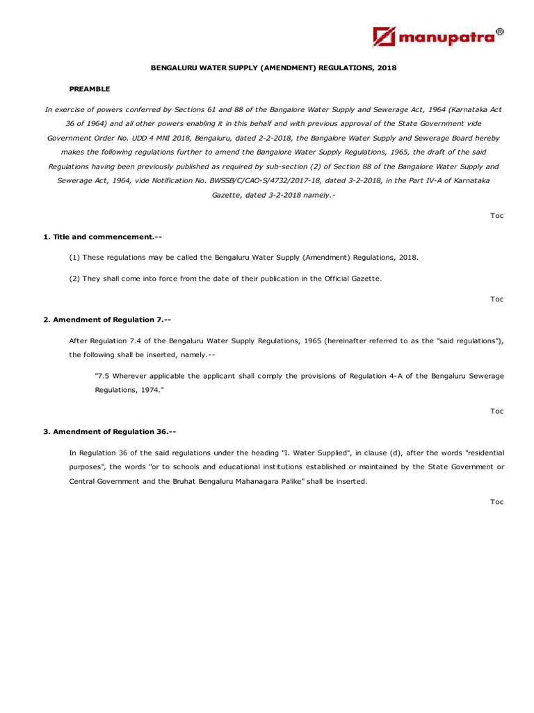Bengaluru Water Supply Amendment Regulations 2018bewasuamre2018com68277 | PDF | Governance ...