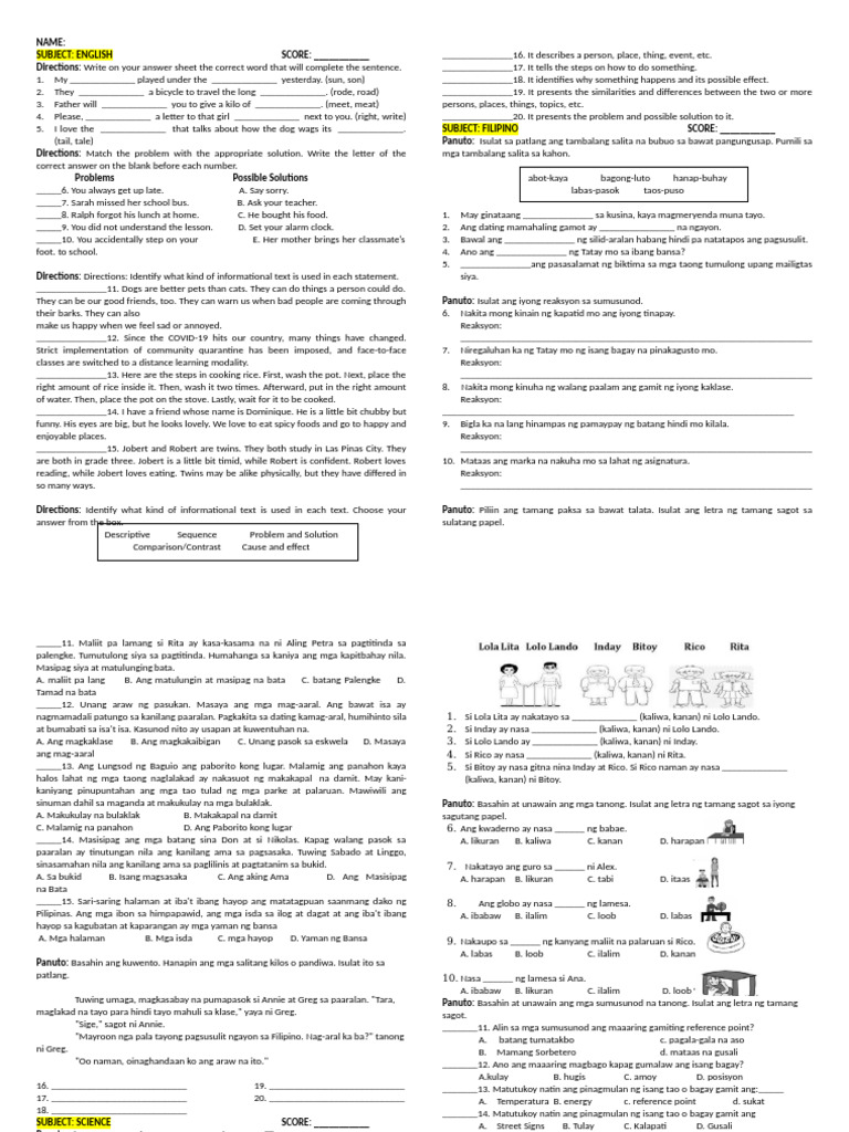 Grade 3 Summative Test 1 3RD Quarter | PDF