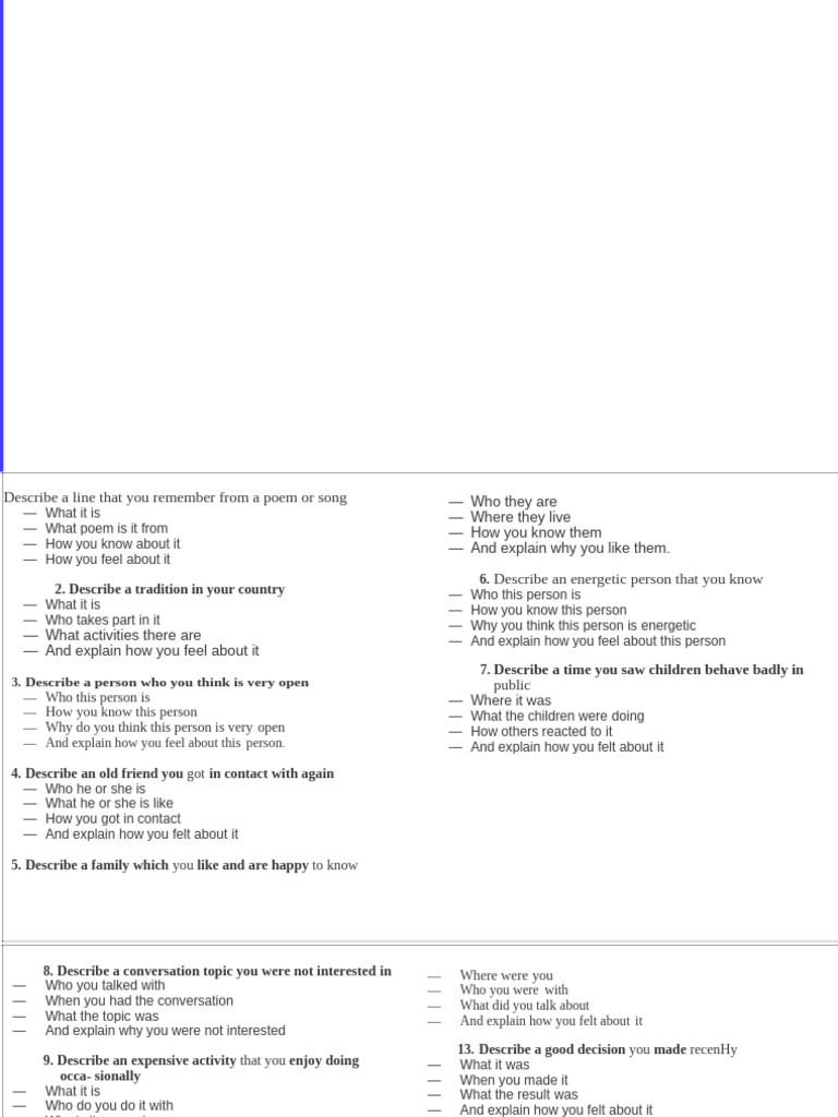 Speaking Cue Card Questions | PDF