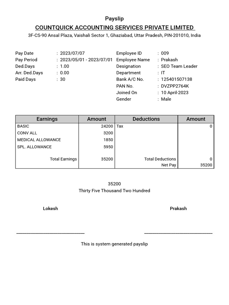 Payslip for Prakash - July 2023 | PDF