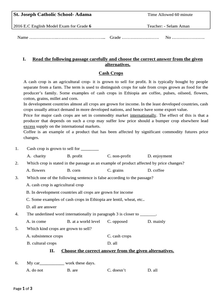 Grade 6 English Model Exam: Cash Crops | PDF | Cash Crop | Crops