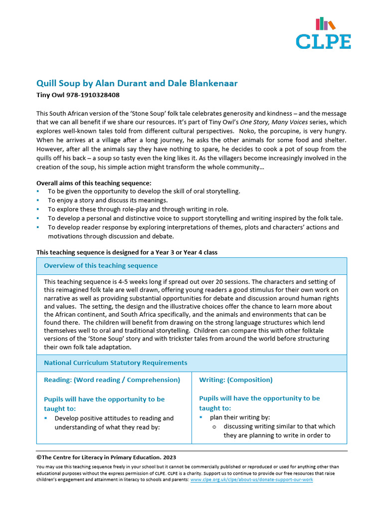Quill Soup: A Teaching Sequence Guide | PDF | Fable | Storytelling