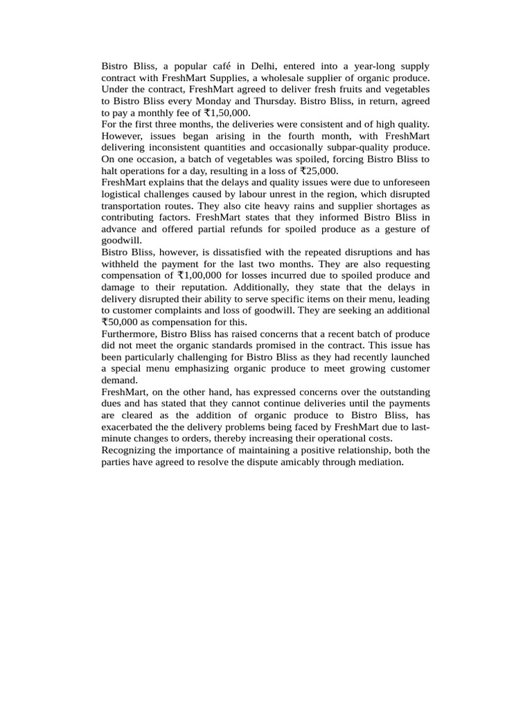 Bistro Bliss Vs Freshmart Mediation Problem | PDF