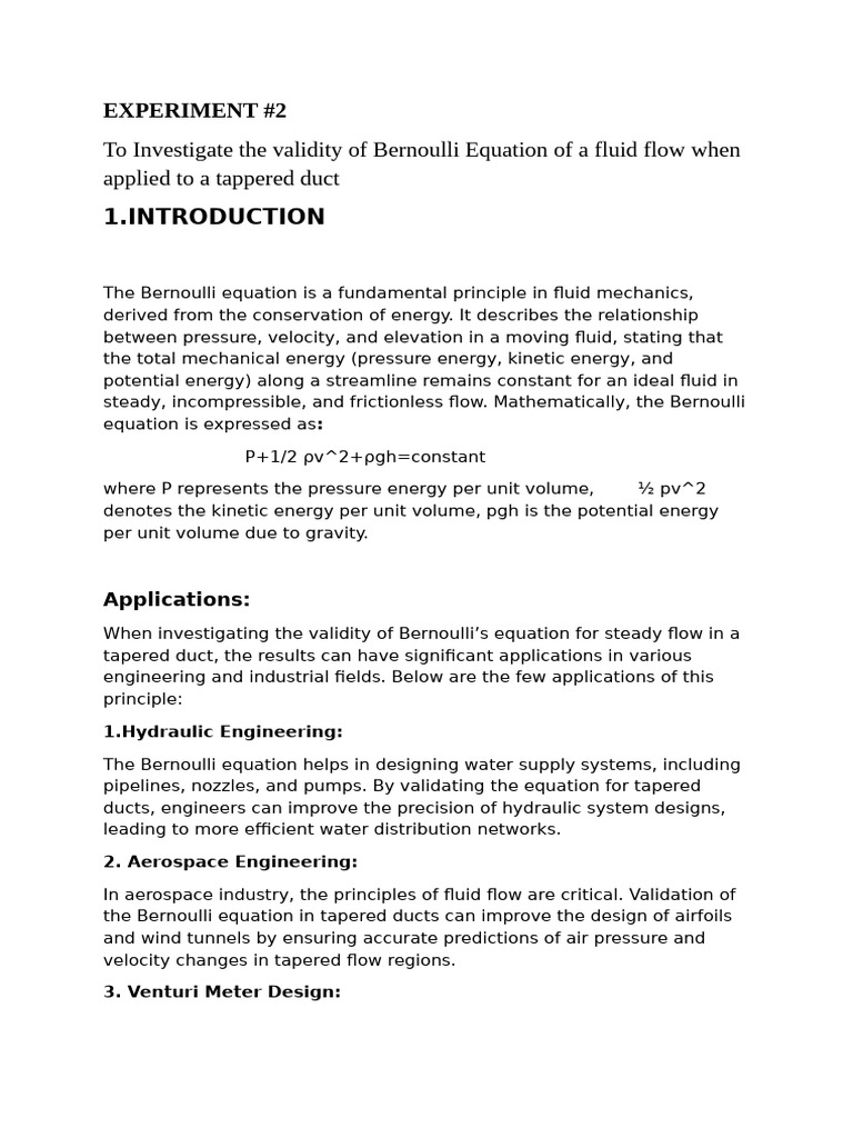 To Investigate The Validity of Bernoulli Equation of A Fluid Flow When ...