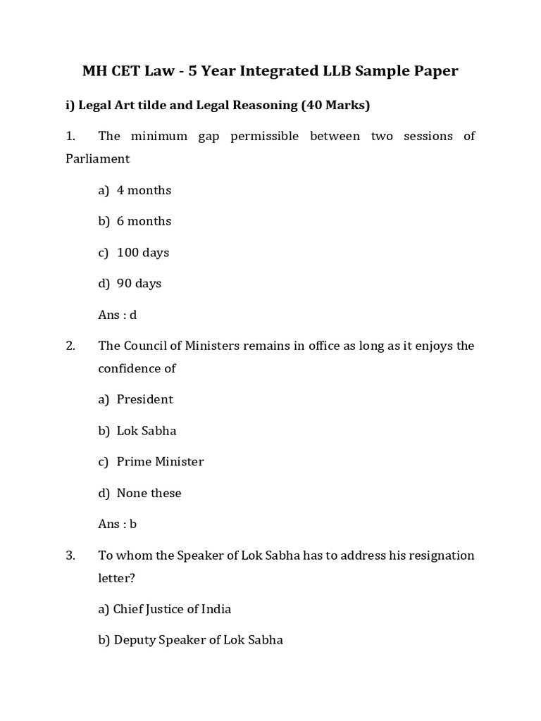 MH CET Law - 5 Year Integrated LLB Sample Paper | PDF | Inference ...