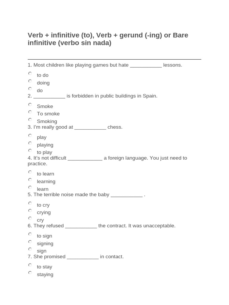 Verb + infinitive (to), Verb + gerund (-ing) | PDF